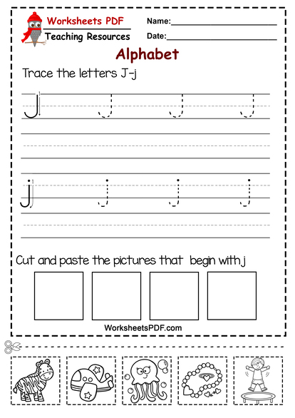 Letter J Worksheets PDF- Recognize, Trace, & Print