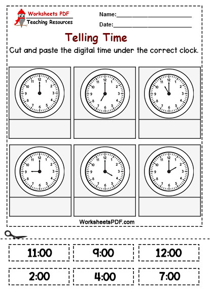 Cut and paste the digital time - Worksheets PDF