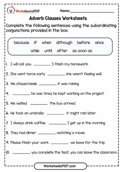 Free Adverb Clauses Worksheets with answers PDF