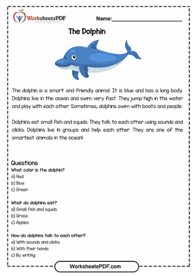 Sea Animals Reading Comprehension - Worksheets PDF