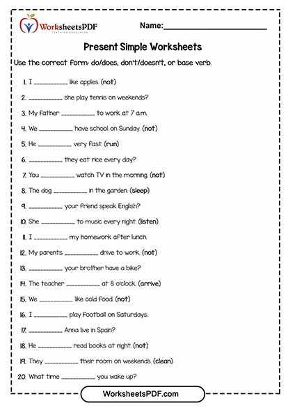 Use the correct form: do/does, don't/doesn't, or base verb - Worksheets PDF
